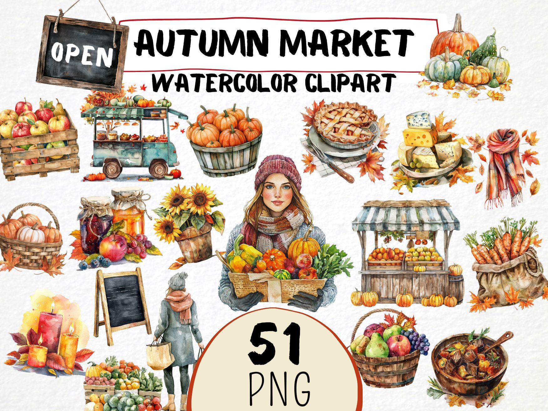 » Watercolor Autumn Market Clipart 51 Png, Fall Food Truck, Pumpkin ...